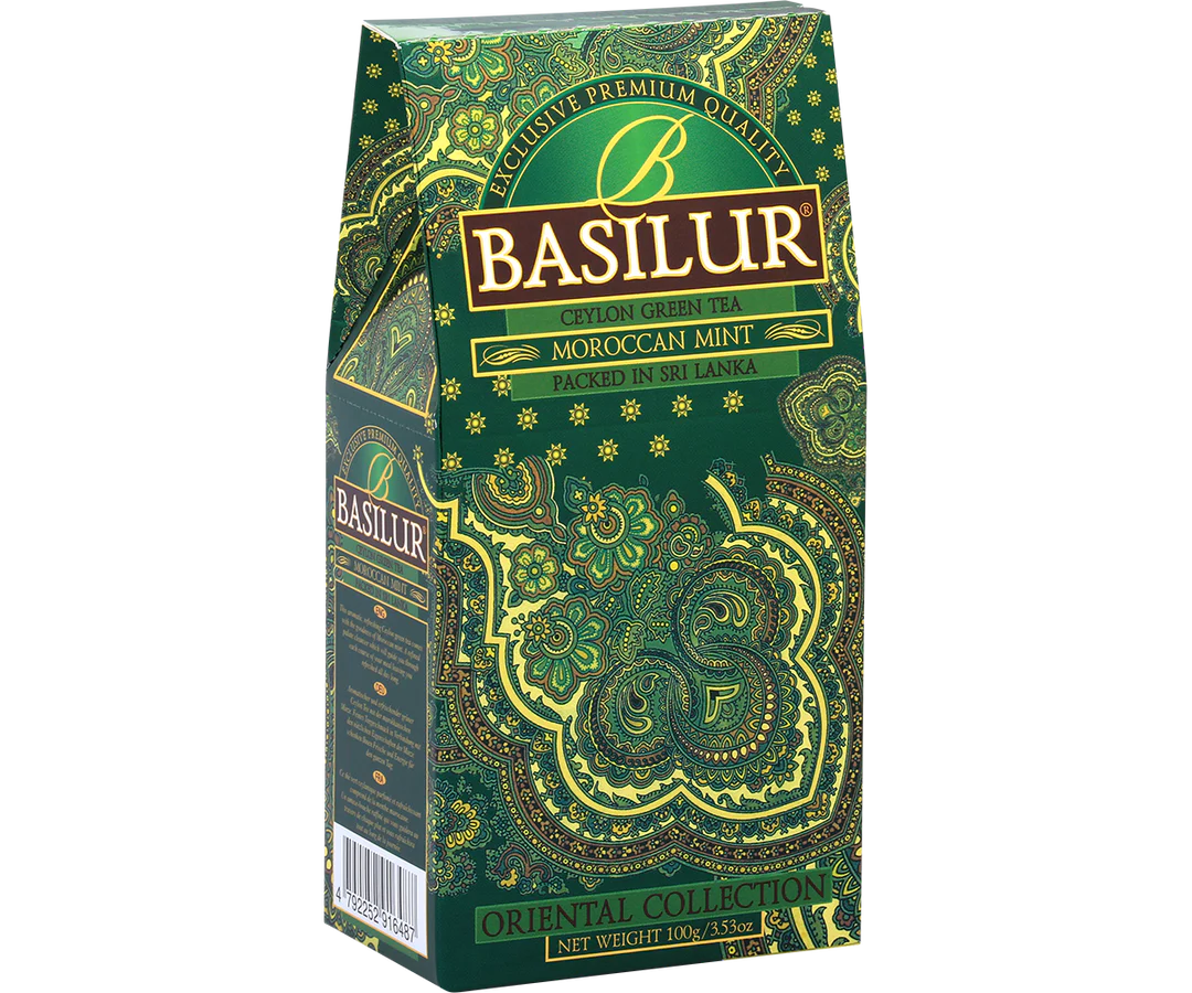 Žalioji ceilono arbata Basilur's Moroccan Mint, 100g – Biržų arbatinė
